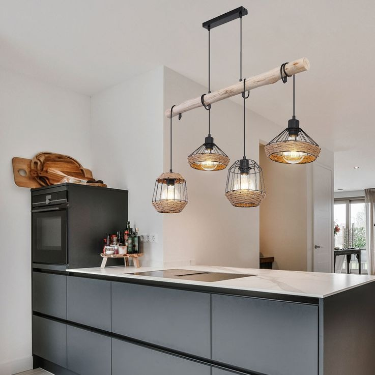 Fischer & Honsel Straw Pendant Light 4-Bulb with Wooden Beam and Grid ...